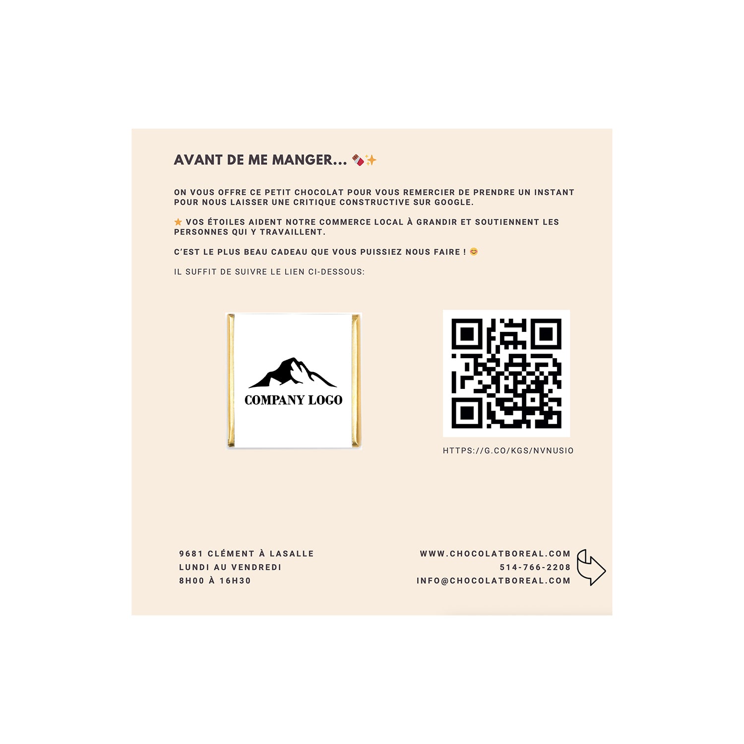 Customized chocolate square + cardboard - Chocolat Boréal